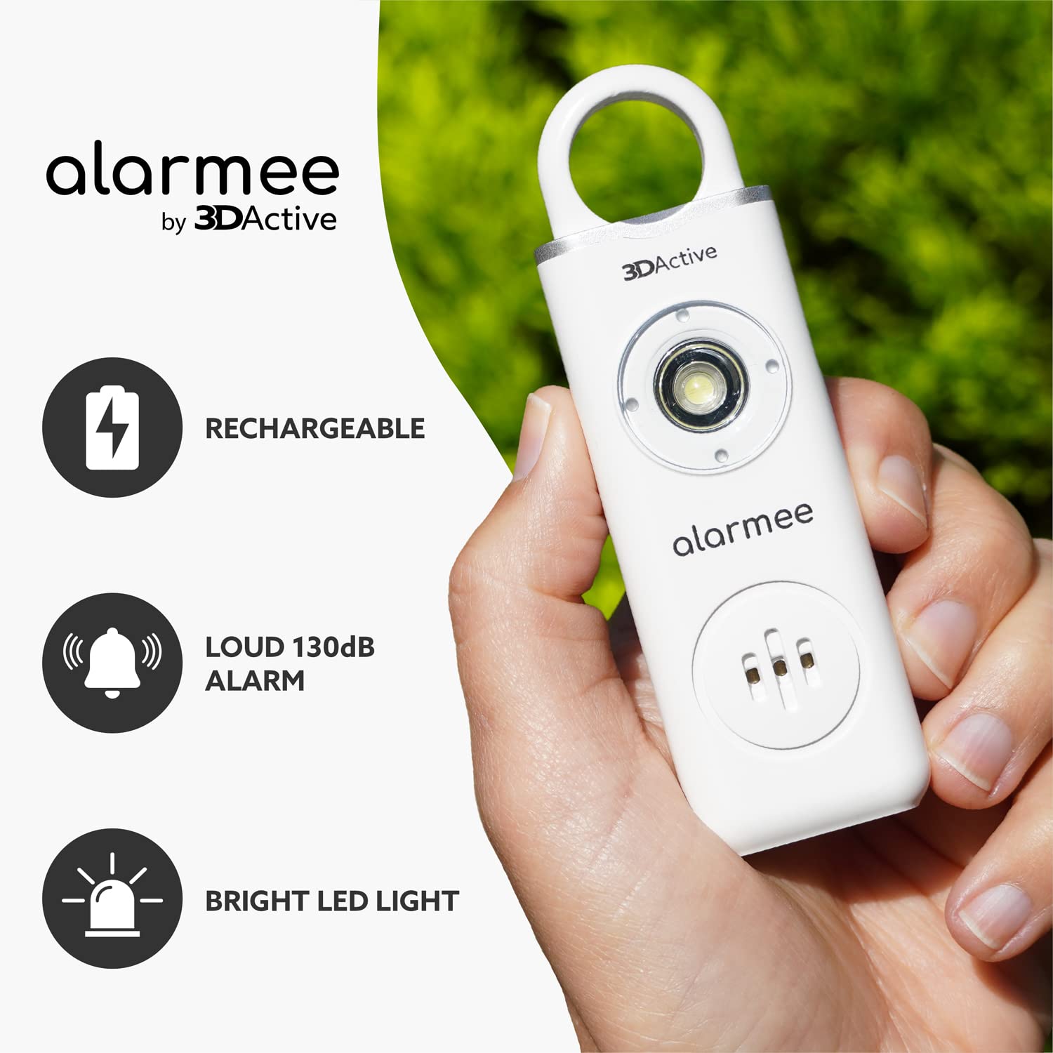 3DActive Alarmee Rechargeable Personal Safety Alarm for Women, Teens and Elderly, Pocket Size 130dB Loud Siren with LED Light