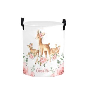 personalized laundry basket hamper,floral deer pink,collapsible storage baskets with handles for kids room,clothes, nursery decor