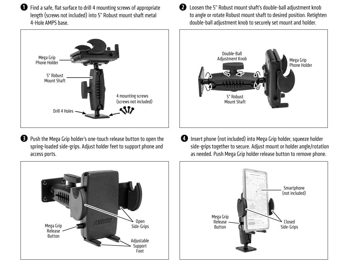 ARKON Mounts Drill-Base Mega Grip Phone Mount | Universal Phone Fit | 360° Adjustable Angle | Flat Surface AMPS Mounting | Compatible with iPhone, Galaxy, Note, Pixel, and More | SM4RM2XMAMPS