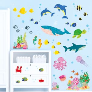 decowall ba-2014s under the sea turtle wall stickers decals ocean fish for bathroom bedroom nursery living room home decor decoration kids sea animals seaweed peel and stick water boy baby shark