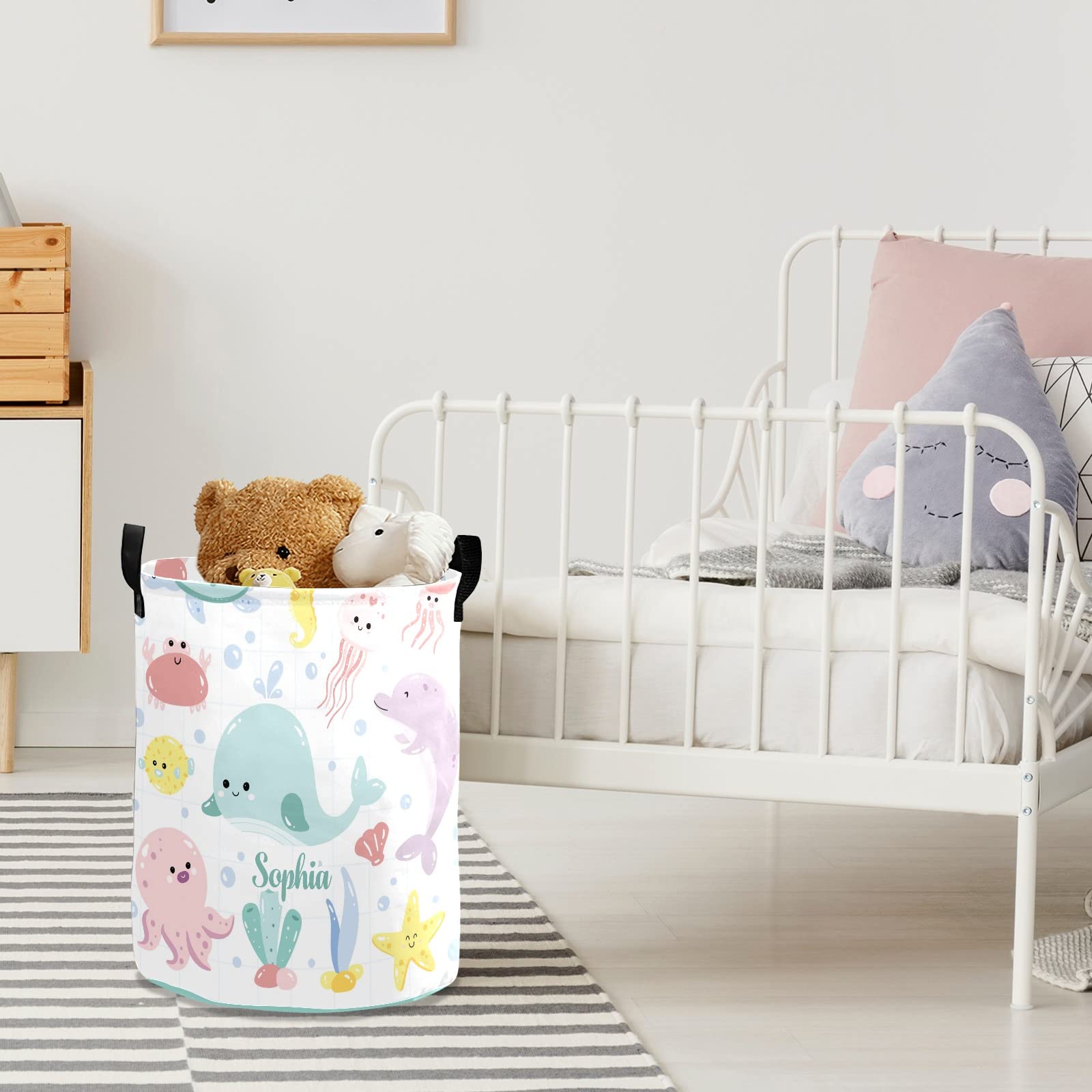 Personalized Laundry Basket Hamper,Cute Ocean Animal,Collapsible Storage Baskets with Handles for Kids Room,Clothes, Nursery Decor