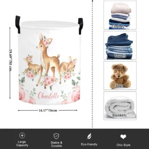 Personalized Laundry Basket Hamper,Floral Deer Pink,Collapsible Storage Baskets with Handles for Kids Room,Clothes, Nursery Decor