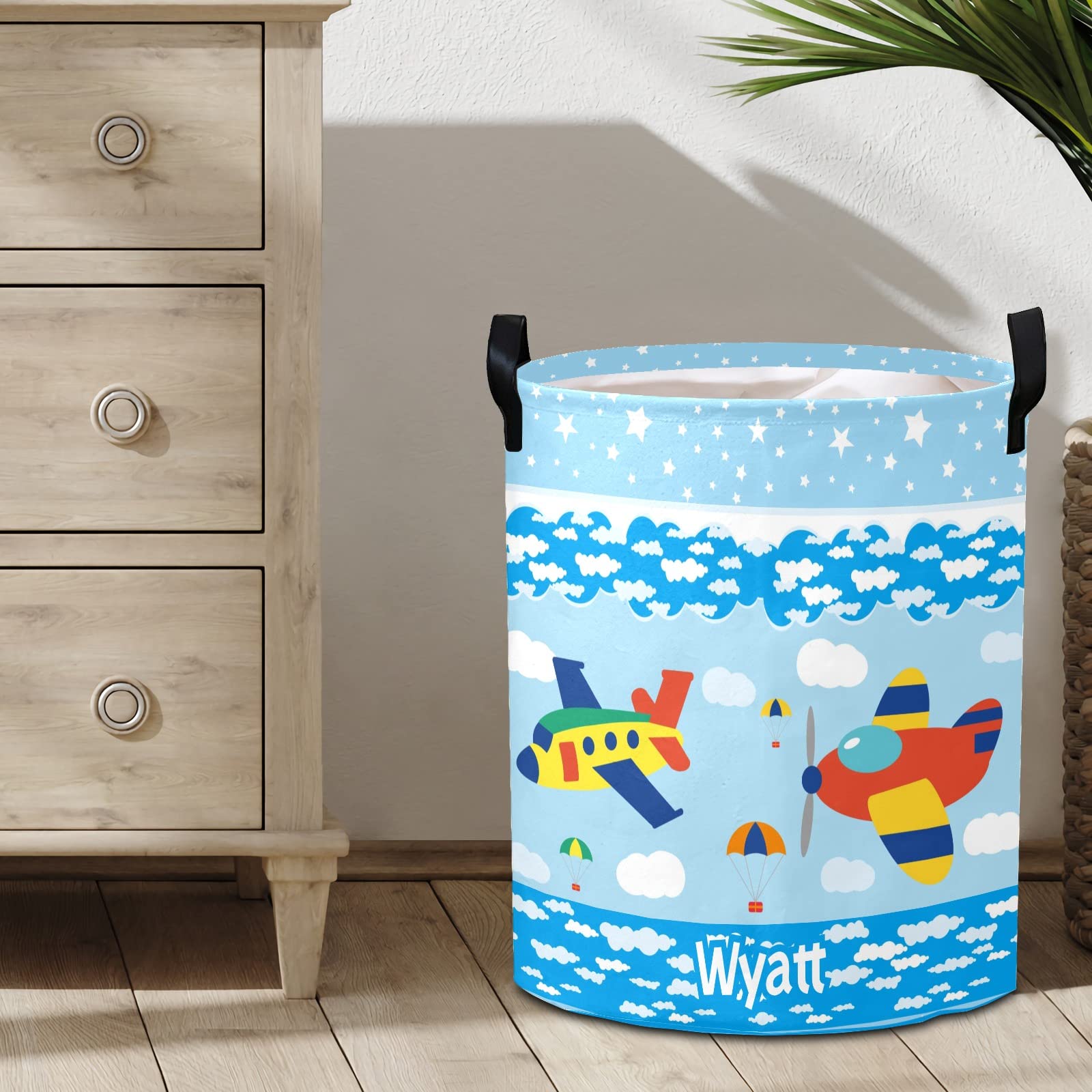 Personalized Laundry Basket Hamper,Airplane Clouds Blue,Collapsible Storage Baskets with Handles for Kids Room,Clothes, Nursery Decor