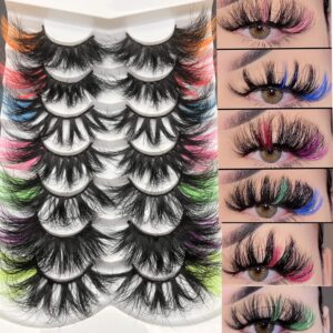 mikiwi 25mm colored mink lashes pack, 7 pairs mix color drametic long 25mm real mink eyelashes with color on end, fluffy mink colored eyelashes, colorful lashes with orange/red/pink/blue/green/purple