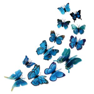 12pcs butterfly wall decals removable 3d blue butterflies sticker with magnets for home bedroom kids room decor (double layer-blue/12pcs)