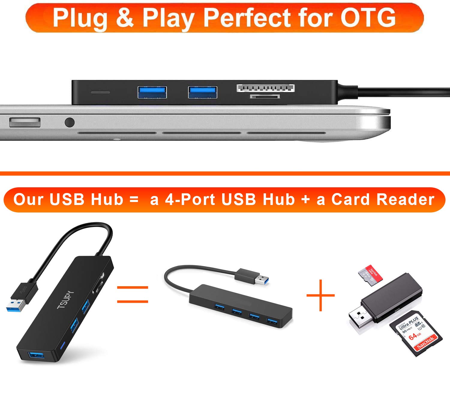 USB 3.0 Hub TSUPY Multi USB HUB, 5 in 1 USB Data Hub with SD Micro SD Card Reader & 3 USB 3.0 Ports Compatible for PC