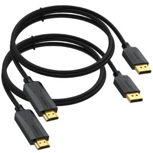 thin displayport to hdmi cable 3ft, 2-pack display port dp to hdmi cable adapter male cord, gold-plated braided fhd supports video and audio,converts signal for dp to hdmi monitor