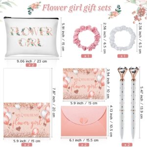 12 Pieces Wedding Flower Girl Proposal Gifts Set, Cosmetic Bag, Flower Girl Headpiece, Satin Scrunchies, Diamond Pens, Flower Girl Proposal Card and Envelope for Wedding, Engagement, Bridal Party