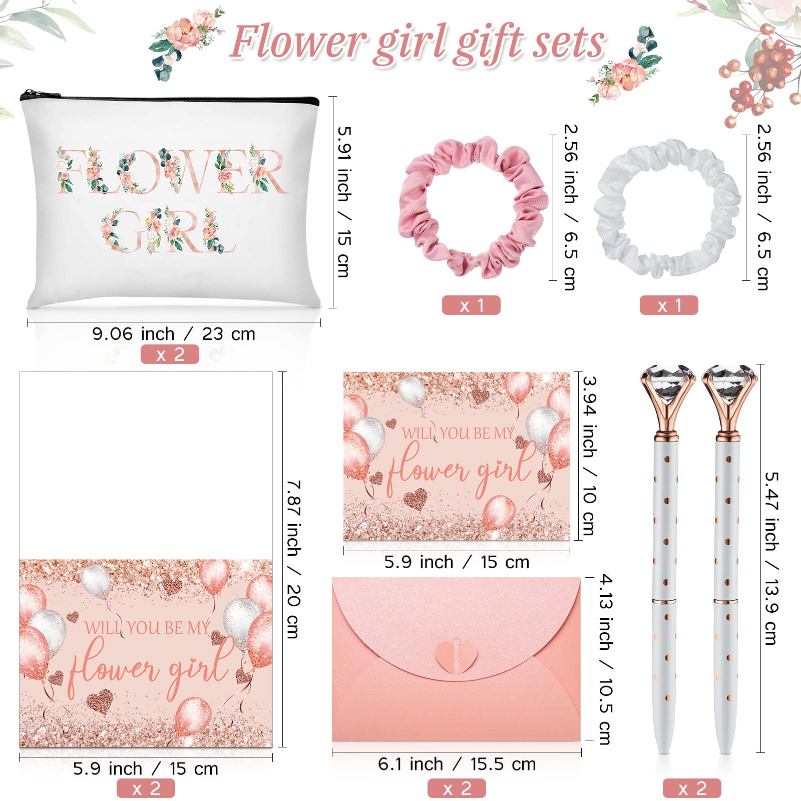 12 Pieces Wedding Flower Girl Proposal Gifts Set, Cosmetic Bag, Flower Girl Headpiece, Satin Scrunchies, Diamond Pens, Flower Girl Proposal Card and Envelope for Wedding, Engagement, Bridal Party