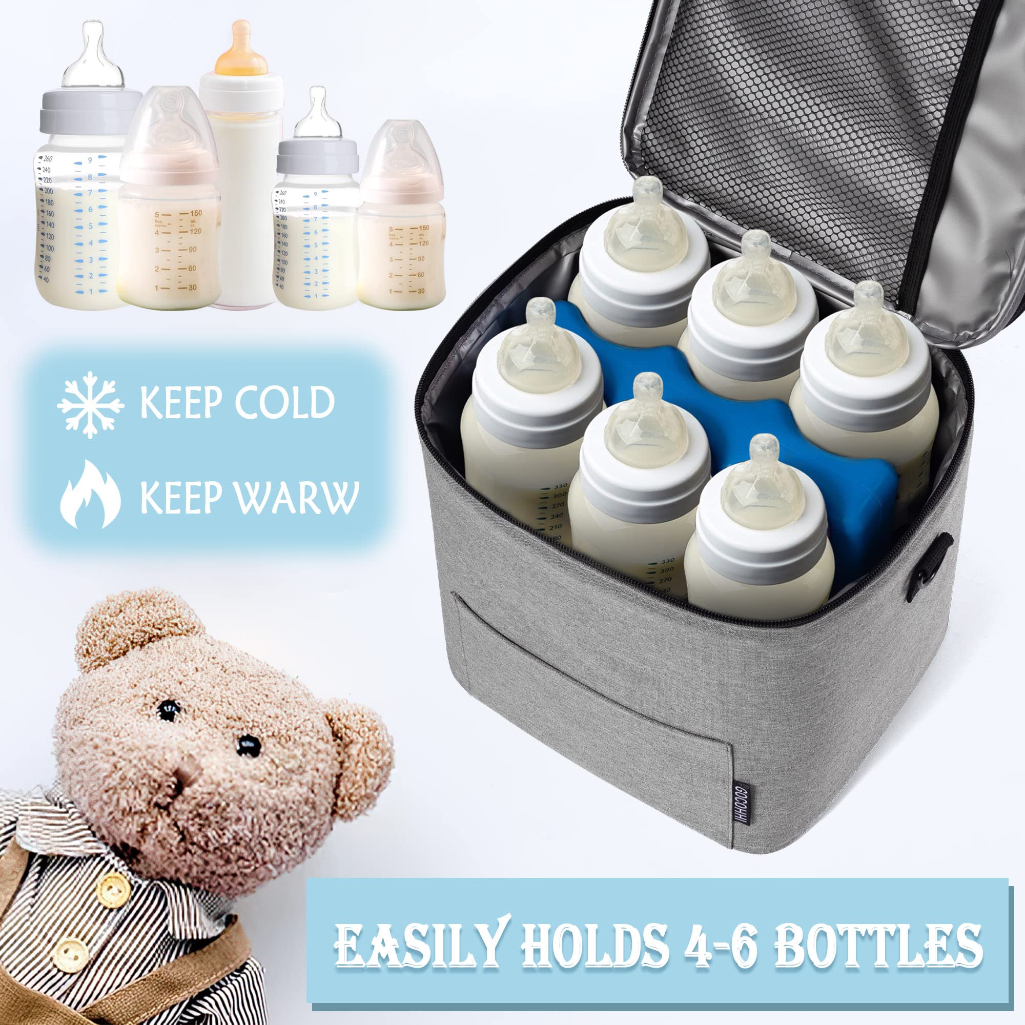 Breastmilk Cooler Bag with Ice Pack Reusable Storage Bags, Fit 6 Baby Bottles, Insulated Baby Bottle Cooler Bag Suitable for Nursing Mom Daycare, Waterproof with Zipper Pocket, Grey