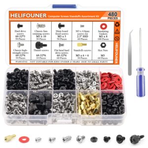 helifouner 480 pieces computer standoffs screws assorted kit for 2.5" ssd, hard drive, computer case, motherboard, fan power graphics with screwdriver