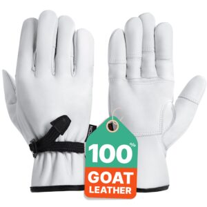 nocry leather work gloves with reinforced palms and fingers and adjustable wrists; made with 100% goat leather; great gardening gloves for men and women; tough enough for construction work too, small