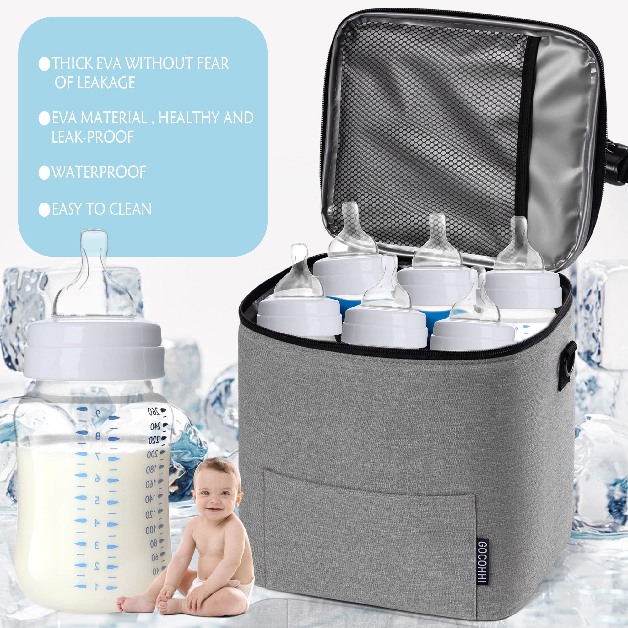 Breastmilk Cooler Bag with Ice Pack Reusable Storage Bags, Fit 6 Baby Bottles, Insulated Baby Bottle Cooler Bag Suitable for Nursing Mom Daycare, Waterproof with Zipper Pocket, Grey