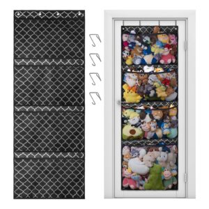 stuffed animal storage, over the door organizer storage for closet, baby, plush toy, stuffed animal holder with 4 large pockets, hanging door organizer for nursery, bedroom, bathroom, kids room