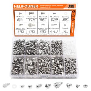 helifouner 450 pieces computer standoffs screws assortment kit for 2.5" ssd, hard drive, computer case, motherboard, fan power graphics with screwdriver, silver