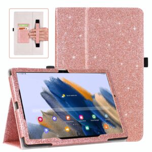 dmluna case for samsung galaxy tab a8 10.5 inch 2022 sm-x200/x205/x207, slim pu leather smart protective cover folio, with folding stand, auto wake/sleep, hand strap, card slots, glitter rose