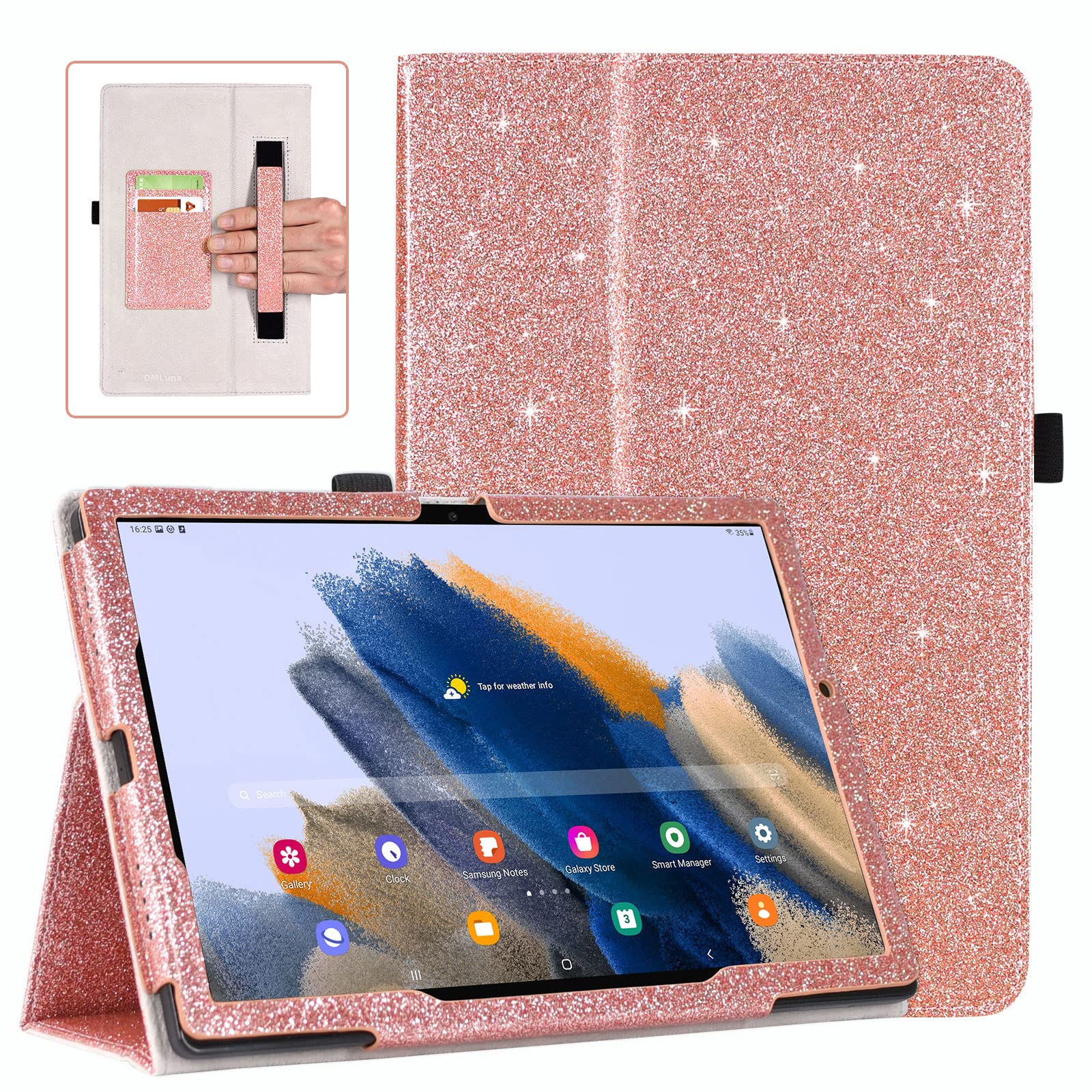 DMLuna Case for Samsung Galaxy Tab A8 10.5 Inch 2022 SM-X200/X205/X207, Slim PU Leather Smart Protective Cover Folio, with Folding Stand, Auto Wake/Sleep, Hand Strap, Card Slots, Glitter Rose