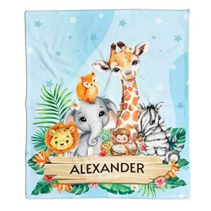 Toyshea Safari Blanket Personalized Baby Blankets with Custom Name 30x40 50x60 60x80 Animals Soft Fleece Or Sherpa Throws for Kids Baby Girls Boys Toddler Newborn Children Babies Nursery Stuff Gifts