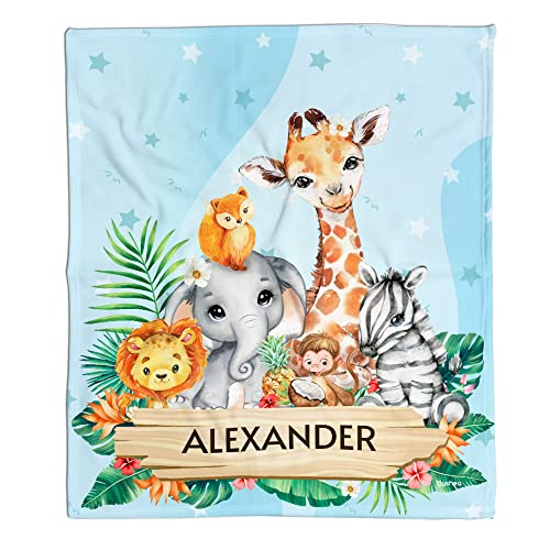 Toyshea Safari Blanket Personalized Baby Blankets with Custom Name 30x40 50x60 60x80 Animals Soft Fleece Or Sherpa Throws for Kids Baby Girls Boys Toddler Newborn Children Babies Nursery Stuff Gifts