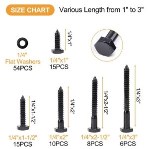 1/4" Hex Lag Bolts Stainless Steel 18-8 (304), VIGRUE 108PCS Black Oxidized, Hex Lag Screws Heavy Duty Wood Screws Washers Assortment kit, Length Include 1" 1-1/2" 2" 2-1/2" 3"