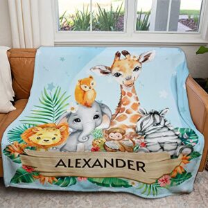 Toyshea Safari Blanket Personalized Baby Blankets with Custom Name 30x40 50x60 60x80 Animals Soft Fleece Or Sherpa Throws for Kids Baby Girls Boys Toddler Newborn Children Babies Nursery Stuff Gifts