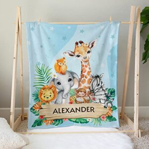 Toyshea Safari Blanket Personalized Baby Blankets with Custom Name 30x40 50x60 60x80 Animals Soft Fleece Or Sherpa Throws for Kids Baby Girls Boys Toddler Newborn Children Babies Nursery Stuff Gifts