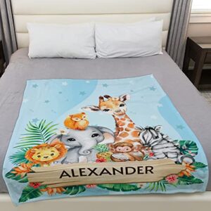 Toyshea Safari Blanket Personalized Baby Blankets with Custom Name 30x40 50x60 60x80 Animals Soft Fleece Or Sherpa Throws for Kids Baby Girls Boys Toddler Newborn Children Babies Nursery Stuff Gifts