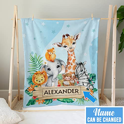 Toyshea Safari Blanket Personalized Baby Blankets with Custom Name 30x40 50x60 60x80 Animals Soft Fleece Or Sherpa Throws for Kids Baby Girls Boys Toddler Newborn Children Babies Nursery Stuff Gifts