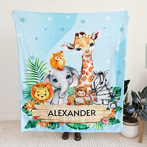 Toyshea Safari Blanket Personalized Baby Blankets with Custom Name 30x40 50x60 60x80 Animals Soft Fleece Or Sherpa Throws for Kids Baby Girls Boys Toddler Newborn Children Babies Nursery Stuff Gifts