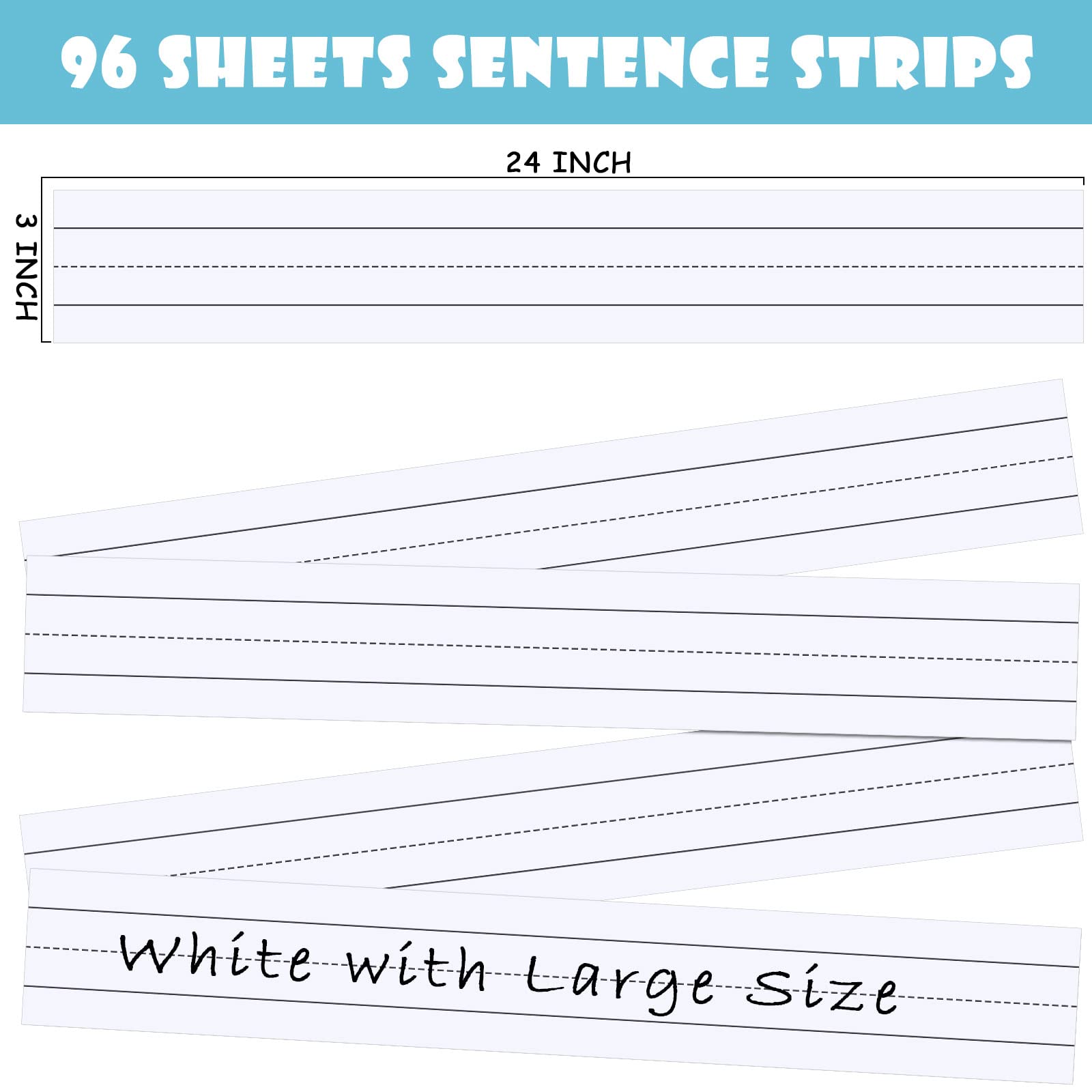 96 Strips Ruled Sentence Strips, 3 x 24 Inches Sentence Strips for Teacher Word Strips Sentence Strips Lined Multicolored Sentence Strips for School Students Office Supplies (White)