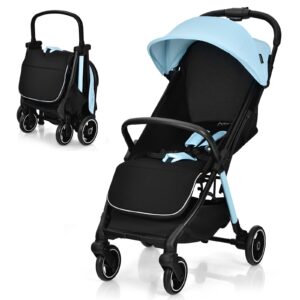 honey joy lightweight baby stroller, compact travel stroller for airplane, fits airplane cabin & overhead, one-hand gravity fold, self-standing toddler stroller w/adjustable backrest/canopy(blue)