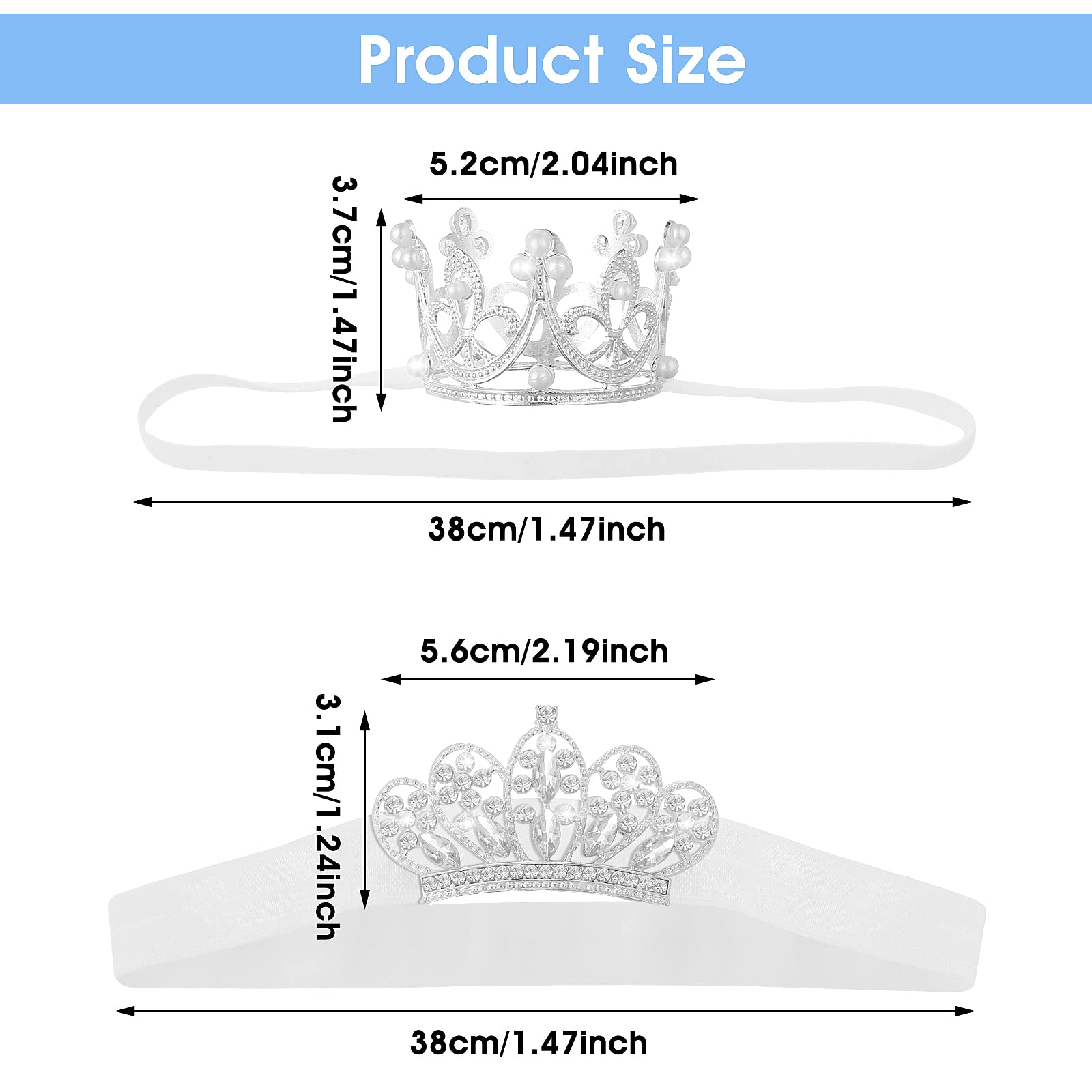 Abeillo 2 Pieces Baby Crown Baby Crystal Princess Tiaras Newborn Photography Props Children Headband Infant Elastic Hair Band Crown for Baby Girl Birthday Party (Silver)