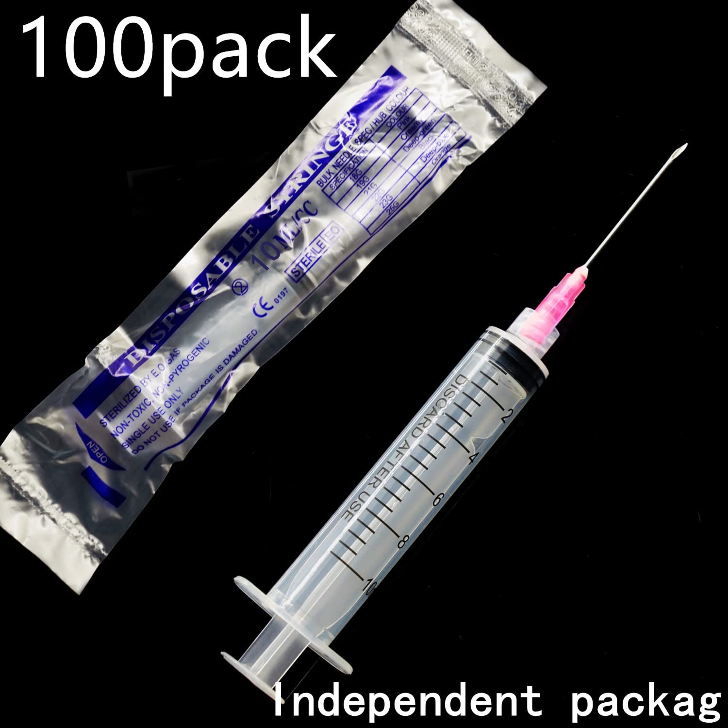 100Pack 10ml 10cc Disposable Measuring Tool Lab Syringes with 18Ga, Individually Sterile Package