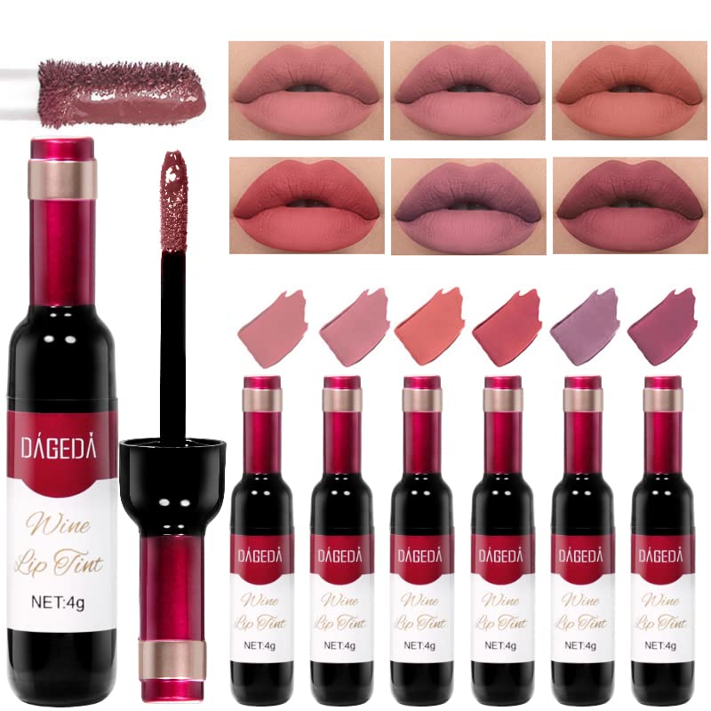 DAGEDA 6Pcs Velvet Wine Lip Tint, Matte Lipstick Velvety Lip Makeup Set, Highly Pigmented Liquid Lipstick, Non-stick Cup Lip Makeup Kit for Girls Women(B Set)