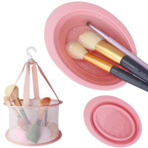 makeup brush cleaning mat & hanging drying net, foldable silicone makeup brush cleaner brush cleaning pad cleaning bowl with mesh drying rack basket to dry makeup sponge, powder puff, brush (pink)