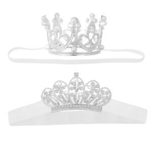 abeillo 2 pieces baby crown baby crystal princess tiaras newborn photography props children headband infant elastic hair band crown for baby girl birthday party (silver)