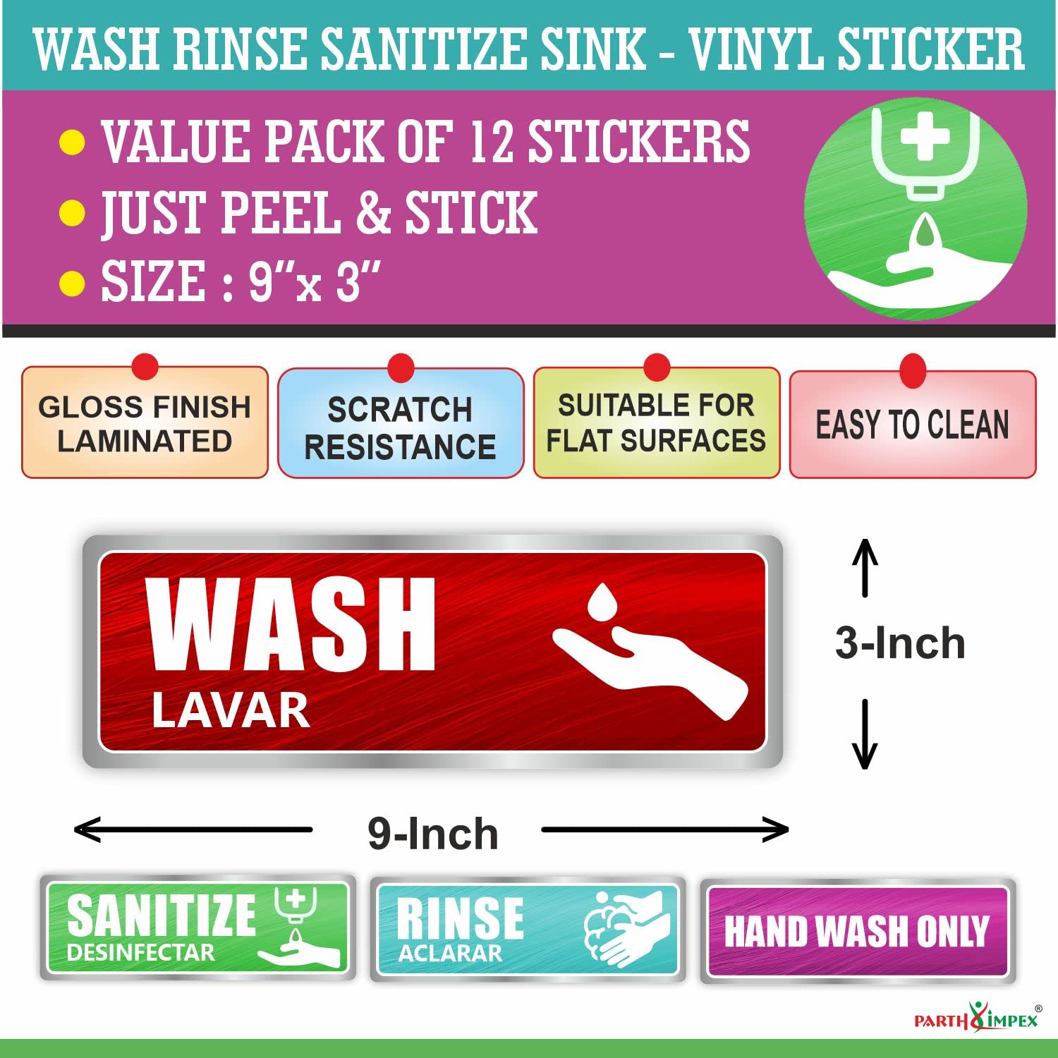 Wash Rinse Sanitize Sink Labels - (Pack of 12) 9"x3" Large Hand Wash Only Sign for 3 Compartment Sink Commercial Kitchens Vinyl Sticker