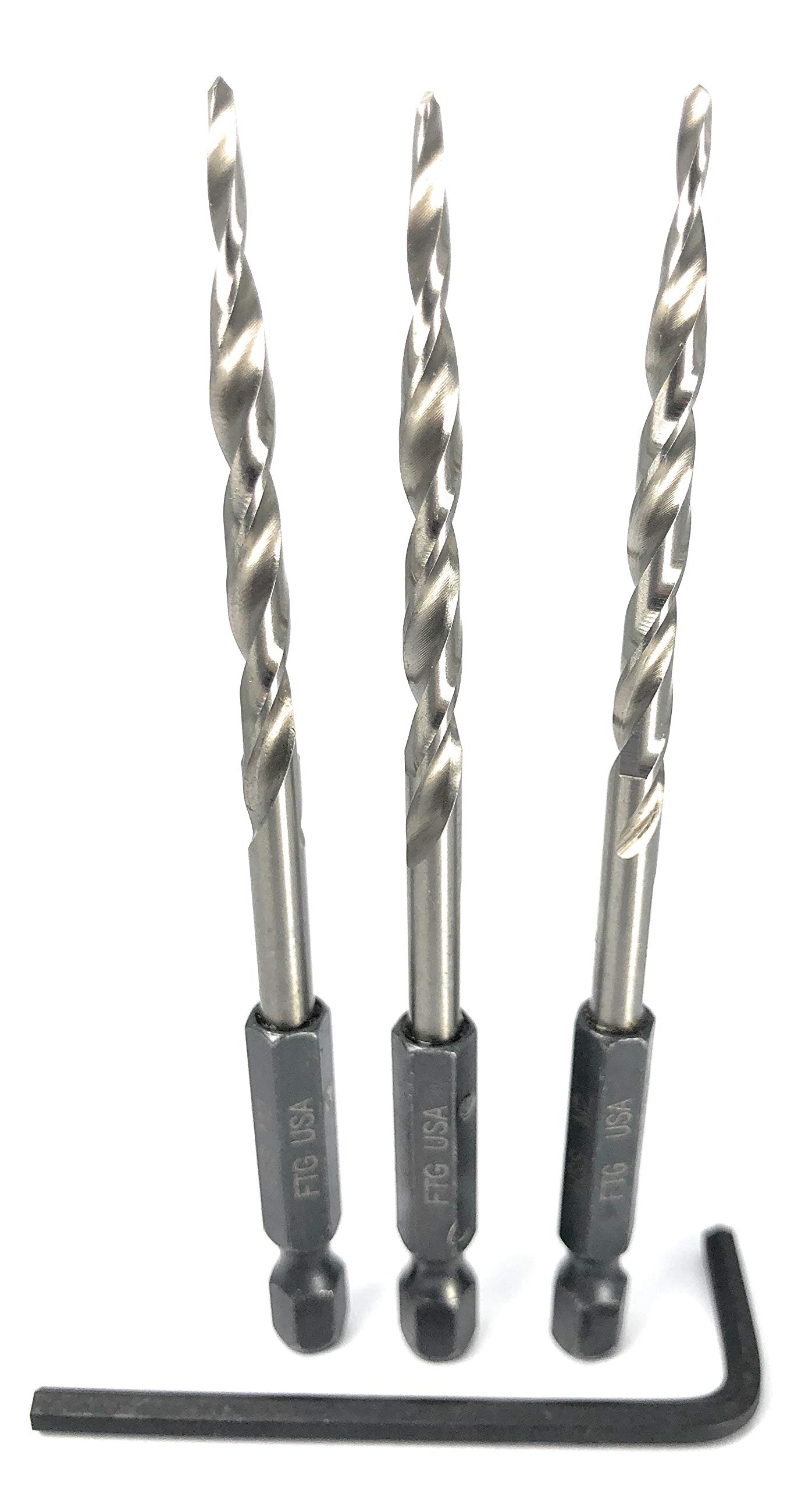 FTG USA Wood Countersink Drill Bit Set Sizes 6 8 10 12 Countersink Tapered Drill Bits, 2 Wood Plug Cutter 3/8" & 1/2" with 3 Replacement Bits #8 (11/64"), 2 Stop Collars, 1 Allen Wrench, Hex Shank