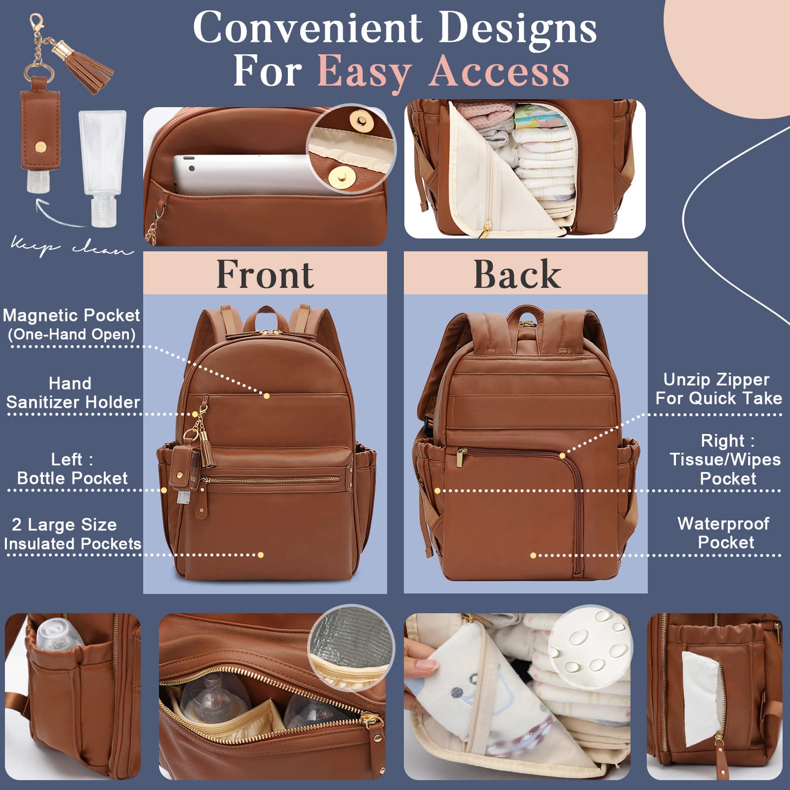 miss fong Diaper Bag, Diaper Bag Backpack, Baby Diaper Bag, Leather Diaper Bag Backpack with Changing Pad & Stroller Strap,Multi-function Large Capacity & Waterproof Travel Backpack, Brown