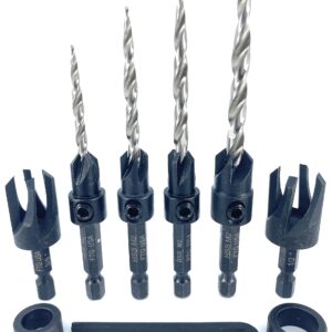 FTG USA Wood Countersink Drill Bit Set Sizes 6 8 10 12 Countersink Tapered Drill Bits, 2 Wood Plug Cutter 3/8" & 1/2" with 3 Replacement Bits #8 (11/64"), 2 Stop Collars, 1 Allen Wrench, Hex Shank