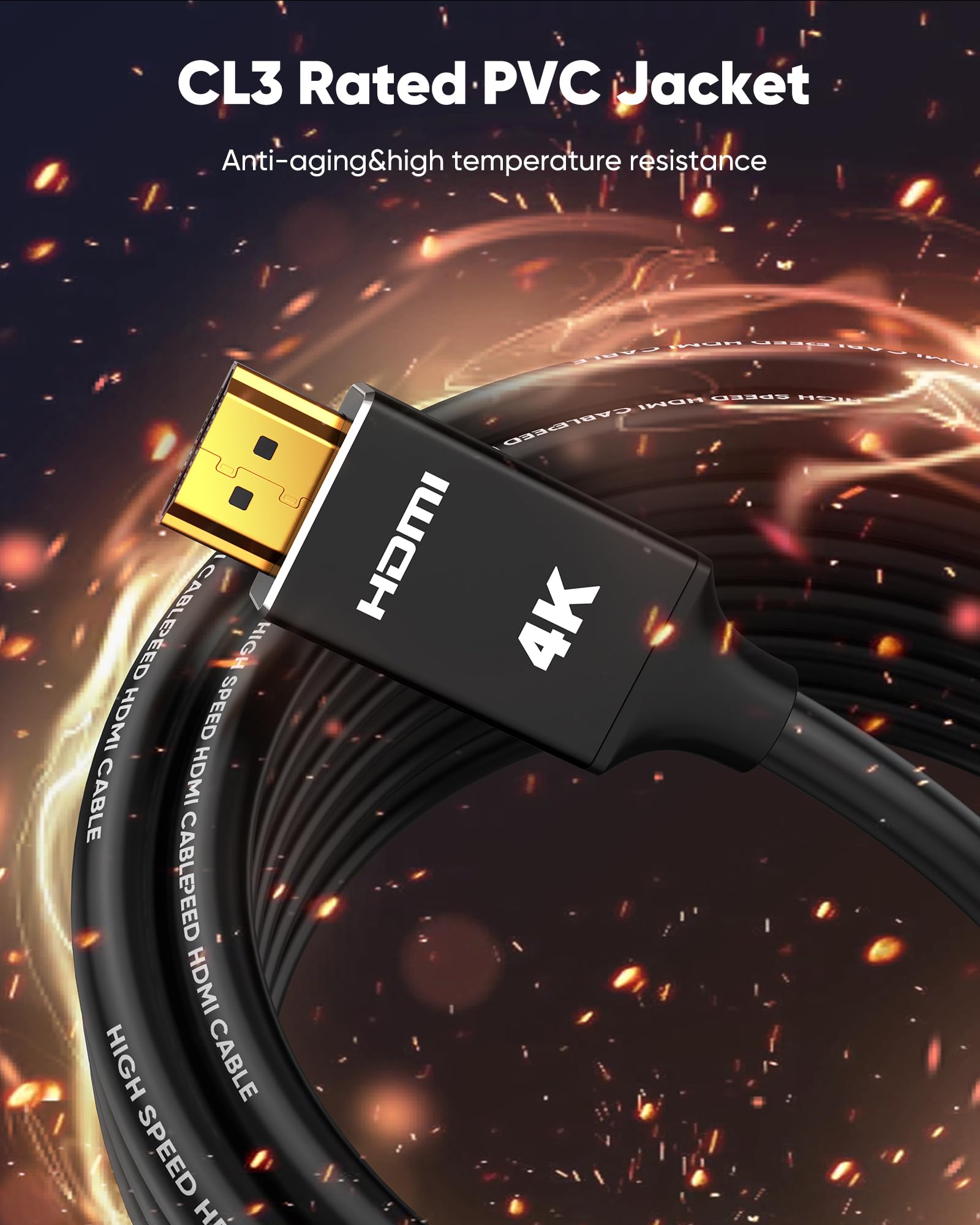 Capshi 4K Long HDMI Cable 50ft/15M, in-Wall CL3 Rated HDMI Cable 2.0 Support (HDR10 8/10bit 18Gbps HDCP2.2 ARC) High Speed HD Shielded Cord Compatible with Roku TV/Laptop/PC/HDTV