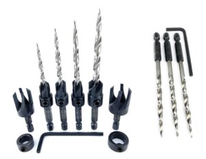 ftg usa wood countersink drill bit set sizes 6 8 10 12 countersink tapered drill bits, 2 wood plug cutter 3/8" & 1/2" with 3 replacement bits #8 (11/64"), 2 stop collars, 1 allen wrench, hex shank