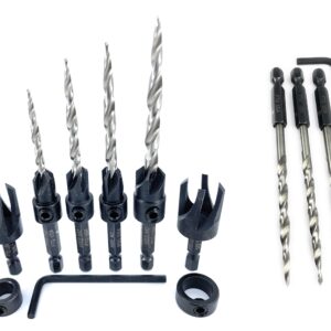 FTG USA Wood Countersink Drill Bit Set Sizes 6 8 10 12 Countersink Tapered Drill Bits, 2 Wood Plug Cutter 3/8" & 1/2" with 3 Replacement Bits #8 (11/64"), 2 Stop Collars, 1 Allen Wrench, Hex Shank