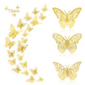 pcores 72pcs 3d butterfly wall decor stickers, gold butterfly home decor, 3 size3 styles stickers for party, birthday, wedding and festival decorations, kids babys bedroom decor, cake decorating