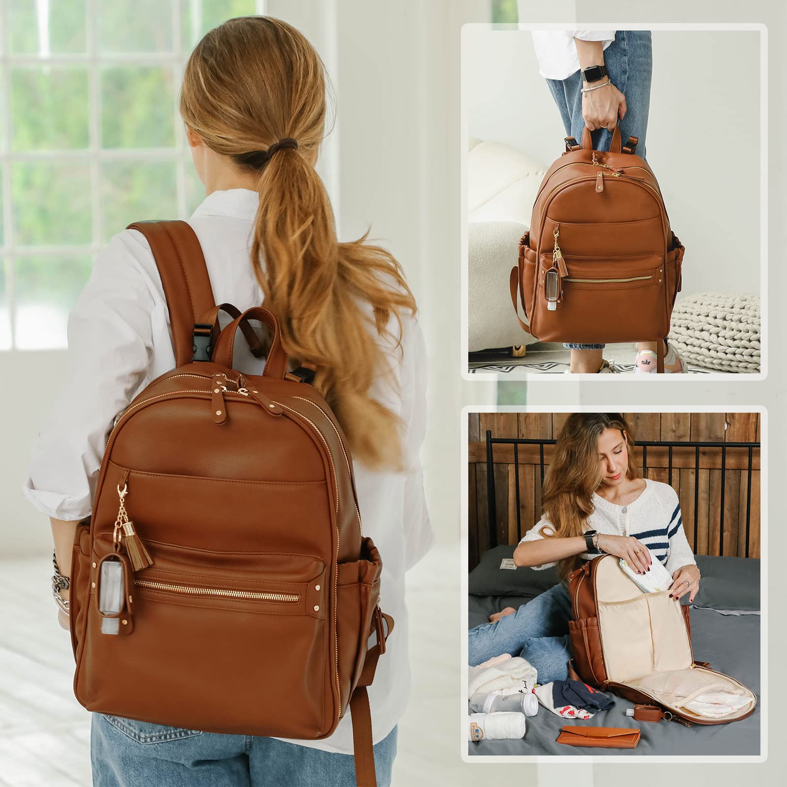 miss fong Diaper Bag, Diaper Bag Backpack, Baby Diaper Bag, Leather Diaper Bag Backpack with Changing Pad & Stroller Strap,Multi-function Large Capacity & Waterproof Travel Backpack, Brown