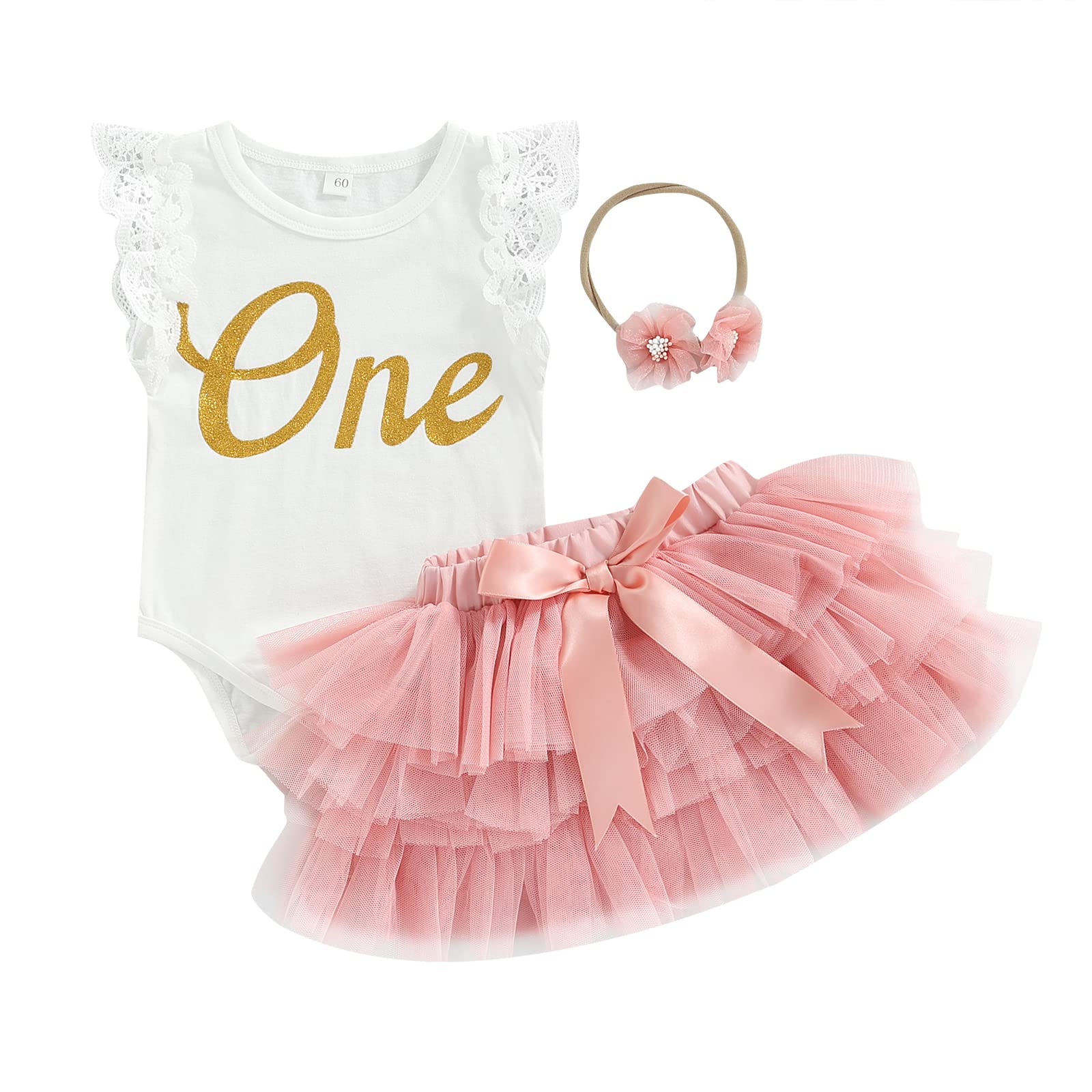 BemeyourBBs Baby Girl First Birthday Outfit Fly Sleeve Lace Romper Tutu Skirt Set with Headband (12-18 Months,sleeveless pink)