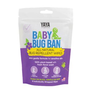 yaya organics baby bug ban insect repellent wipes – all-natural, deet-free, non-toxic, for babies, kids, pregnant and nursing moms and sensitive skin (12 count, pack of 1)