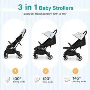 HONEY JOY Lightweight Baby Stroller, Compact Travel Stroller for Airplane, Fits Airplane Cabin & Overhead, One-Hand Gravity Fold, Self-Standing Toddler Stroller w/Adjustable Backrest/Canopy(Gray)