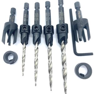 FTG USA Wood Countersink Drill Bit Set Sizes 6 8 10 12 Countersink Tapered Drill Bits, 2 Wood Plug Cutter 3/8" & 1/2" with 3 Replacement Bits #8 (11/64"), 2 Stop Collars, 1 Allen Wrench, Hex Shank