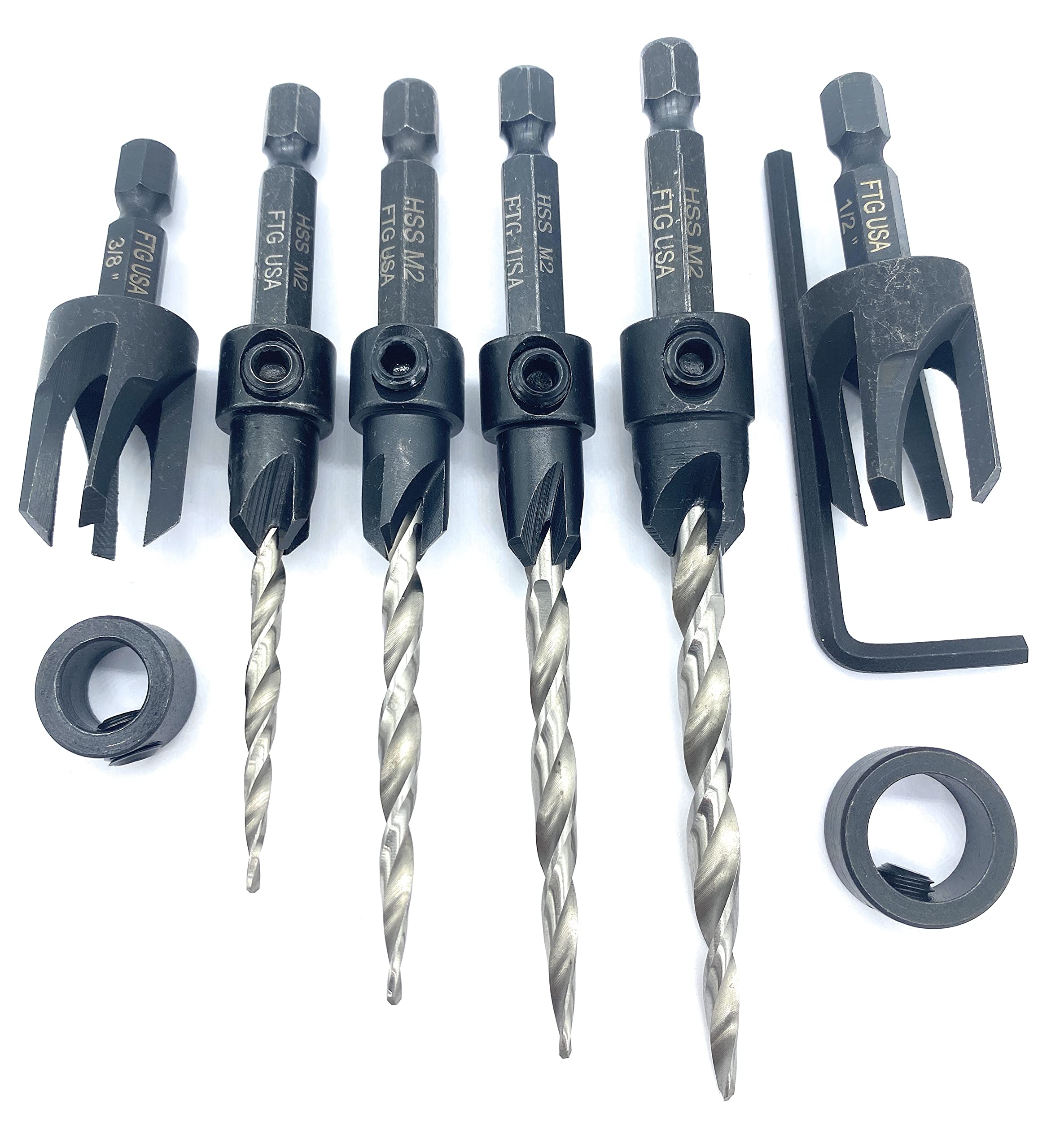 FTG USA Wood Countersink Drill Bit Set Sizes 6 8 10 12 Countersink Tapered Drill Bits, 2 Wood Plug Cutter 3/8" & 1/2" with 3 Replacement Bits #8 (11/64"), 2 Stop Collars, 1 Allen Wrench, Hex Shank